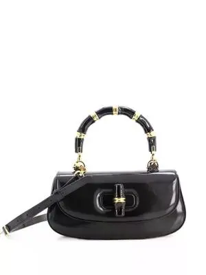 Gucci Bamboo Diva Top Handle Bag Polished Leather Medium Satchel - Black