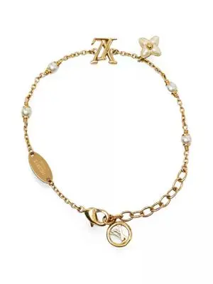 LOUIS VUITTON Floragram" Plated Faux Pearl Bracelet - Gold