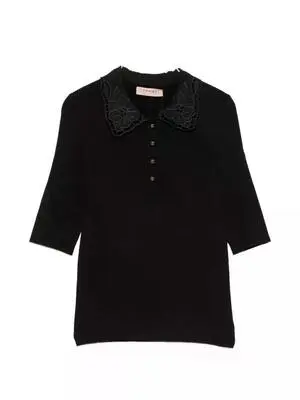 TWINSET Lace-collar Ribbed Polo Shirt - Black