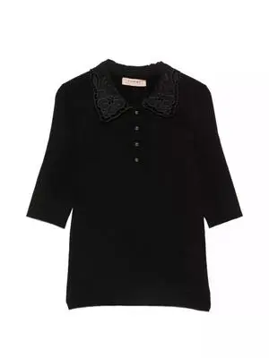 TWINSET Lace-collar Ribbed Polo Shirt - Black