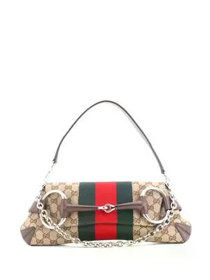 Gucci Horsebit Web Chain Clutch Gg Canvas Medium Shoulder Bag - Brown
