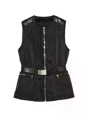 Prada Sleeveless Leather Paneled Belted Jacket