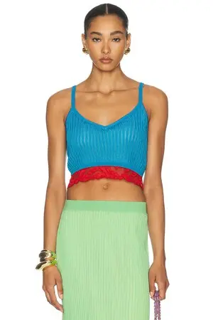 Versace Ribbed Lace Trim Top - Blue