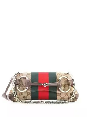 Gucci Horsebit Nm Web Chain Clutch Gg Canvas Small Shoulder Bag - Brown