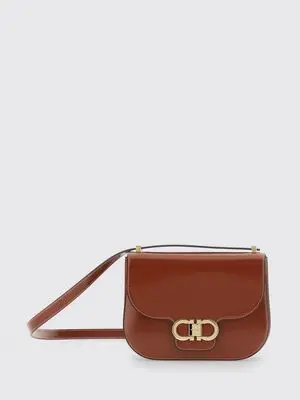 FERRAGAMO North-south Double Gancini Mini Crossbody Bag In Calfskin - Brown