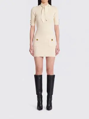 Elisabetta Franchi Knit Mini Dress With Pussy-bow Collar And Pockets - White