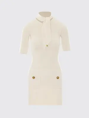 Elisabetta Franchi Knit Mini Dress With Pussy-bow Collar And Pockets - White