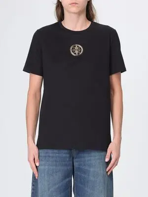 Elisabetta Franchi Cotton T-shirt With Applied Metallic Logo - Black