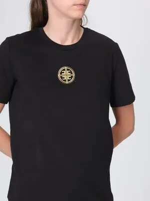 Elisabetta Franchi Cotton T-shirt With Applied Metallic Logo - Black