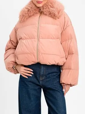 TWINSET Water-repellent Cropped Puffer Jacket With Removable Faux Fur Collar - Pink