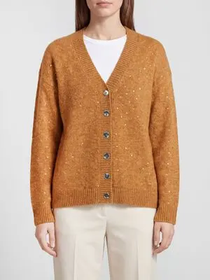 Pinko V-neck Wool Blend Cardigan With Rhinestone Embellishments - Ocher