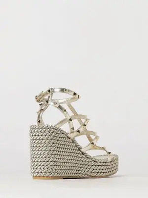 Valentino Garavani Rockstud Laminated Leather Wedge Sandals - Platinum