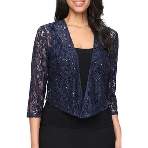 Alex Evenings Three-quarter Sleeve Stretch Sequin Lace Cover-up Jacket - Navy