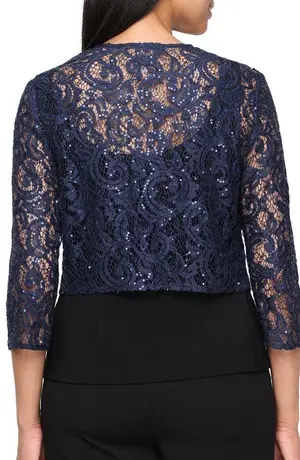 Alex Evenings Three-quarter Sleeve Stretch Sequin Lace Cover-up Jacket - Navy