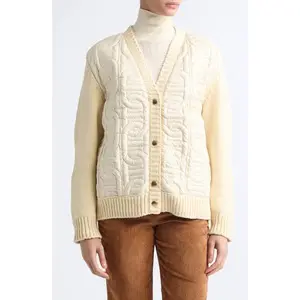 Moncler Mixed Media Chain Quilt Cotton Blend Cardigan - Beige