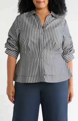 WIT & WISDOM Wit & Wisdom Double Peplum Striped Button-Down Top