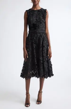 Oscar De La Renta Feather Scroll Guipure Lace Midi Dress