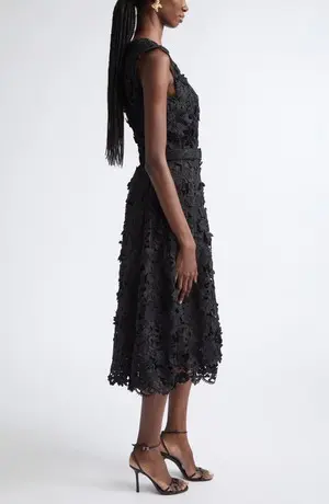 Oscar De La Renta Feather Scroll Guipure Lace Midi Dress