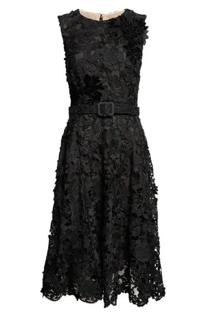 Oscar De La Renta Feather Scroll Guipure Lace Midi Dress