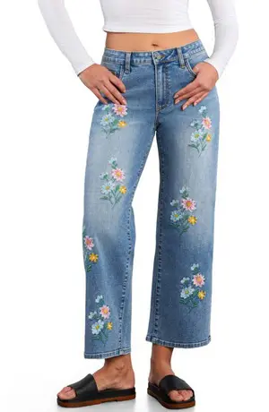 BILLY T Floral Embroidered Straight Leg Jeans - Relaxed Blue