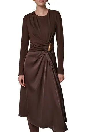 Donna Karan New York Long Sleeve Gathered Waist Dress - Espresso