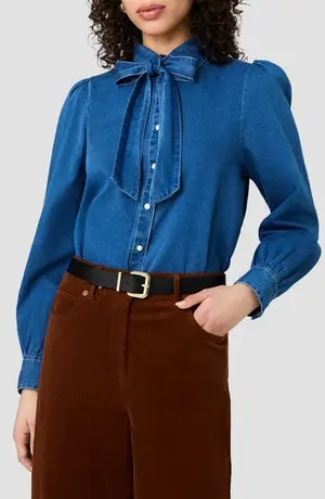 French Connection Cotton Chambray Tie-neck Shirt