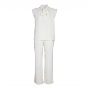 MODENAIRE Sleeveless Tie-neck Blouse And Wide-leg Pant Set - White