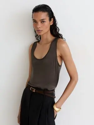 REISS Ruby Silk-front Cami Top - Mocha Brown