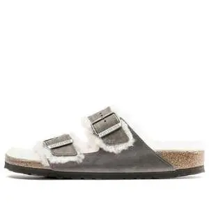 BIRKENSTOCK Arizona Shearling Waxy Leather Oiled Sandals - Grey