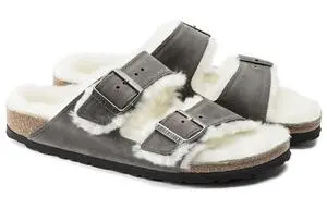 BIRKENSTOCK Arizona Shearling Waxy Leather Oiled Sandals