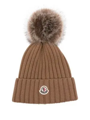 Moncler Moncler Logo Wool Beanie Brown
