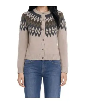 Max Mara Targa Jacquard Crewneck Cardigan - Light Brown