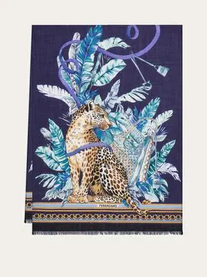 FERRAGAMO Feline Print Pure Wool Stole - Blue