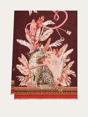 FERRAGAMO Feline Print Pure Wool Stole - Red