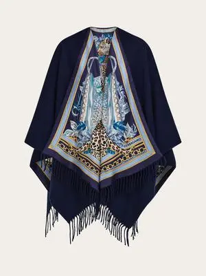 FERRAGAMO Feline Print Cashmere And Silk Reversible Cape - Blue