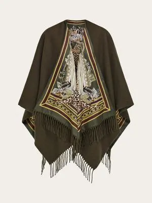 FERRAGAMO Feline Print Cashmere And Silk Reversible Cape - Green