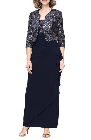 Alex Evenings Matte Jersey Two-piece Gown With Bolero Jacket - Navy