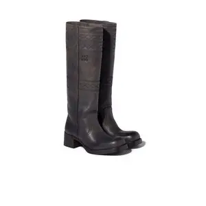 Miu Miu Embroidered Leather Boots - Anthracite Gray