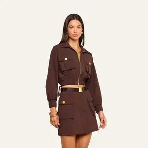 L'Agence Kade Cropped Windbreaker With Gold Button Details - Dark Java