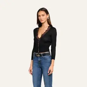 L'AGENCE Eluna Lace Inset Cardigan Top - Black