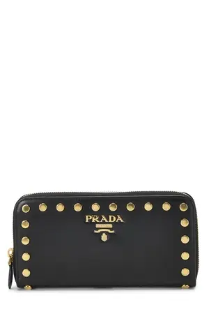Prada Calfskin Studded Zip Around Wallet - Black