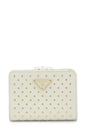 Prada Calfskin Studded Zip Around Compact Wallet - White