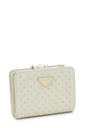 Prada Calfskin Studded Zip Around Compact Wallet