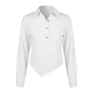 MODENAIRE Collared Button Front Blouse With Asymmetrical Hem Detail - White