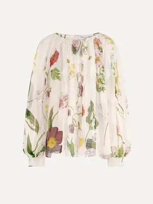 Oscar De La Renta Mixed Botanical Silk Chiffon Blouse - Ivory