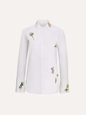 Oscar De La Renta Beaded Mixed Botanical Stretch Twill Blouse