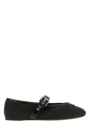 Miu Miu Flannel Ballerina Flats With Buckled Strap - Green