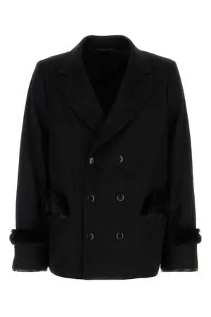 Random Identities Double Breasted Wool Blend Jacket With Fur Trim