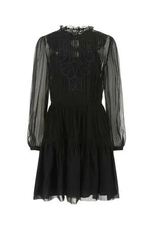 Alberta Ferretti Sheer Chiffon Mini Dress With Lace Detail - Black