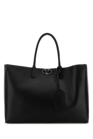 Valentino Garavani Vlogo Leather Shopping Handbag With Gunmetal Finishing - Black